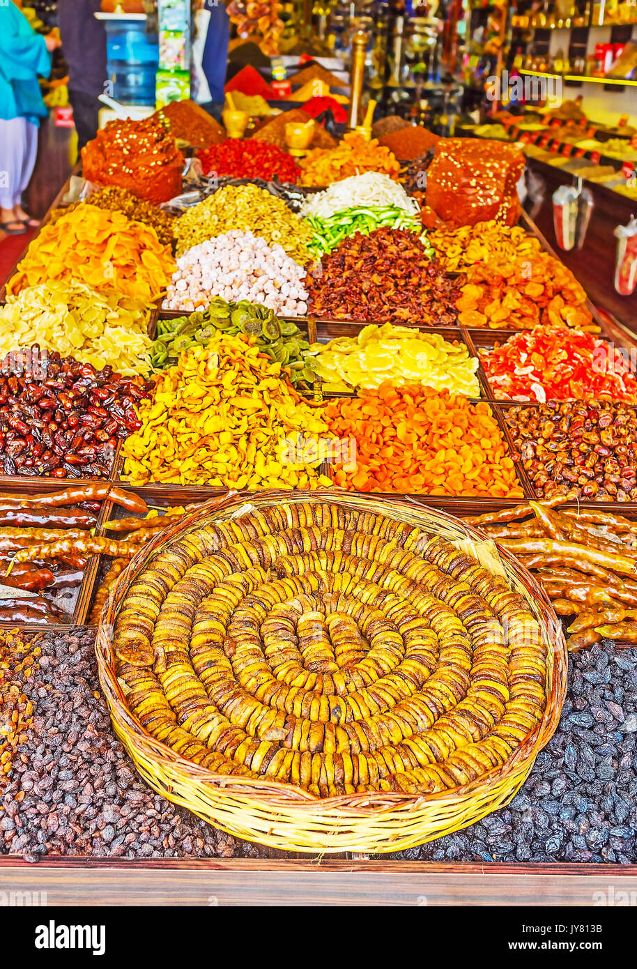 The boxes and baskets with delicious dried fruits in Turkish bazaar of ...