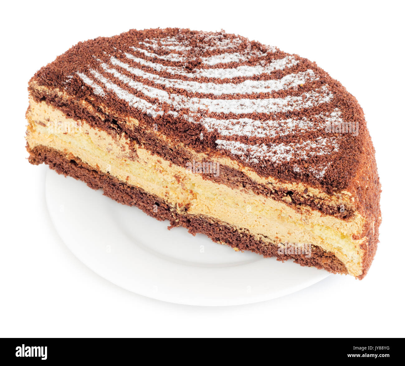 Chocolate cake cut in half in plate isolated on white background Stock ...