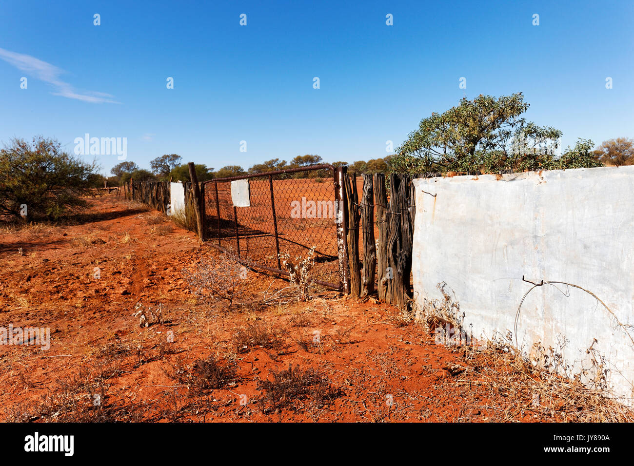 Old wood fence and gate, on the old wool pathway in Australian outback ...