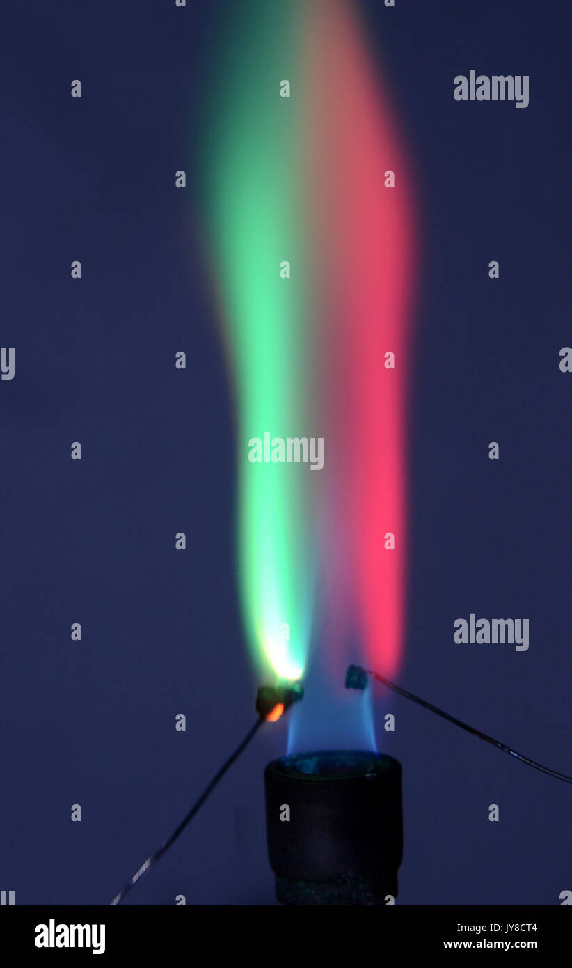 Double colored fire caused by two different elements. Lithium causes a ...
