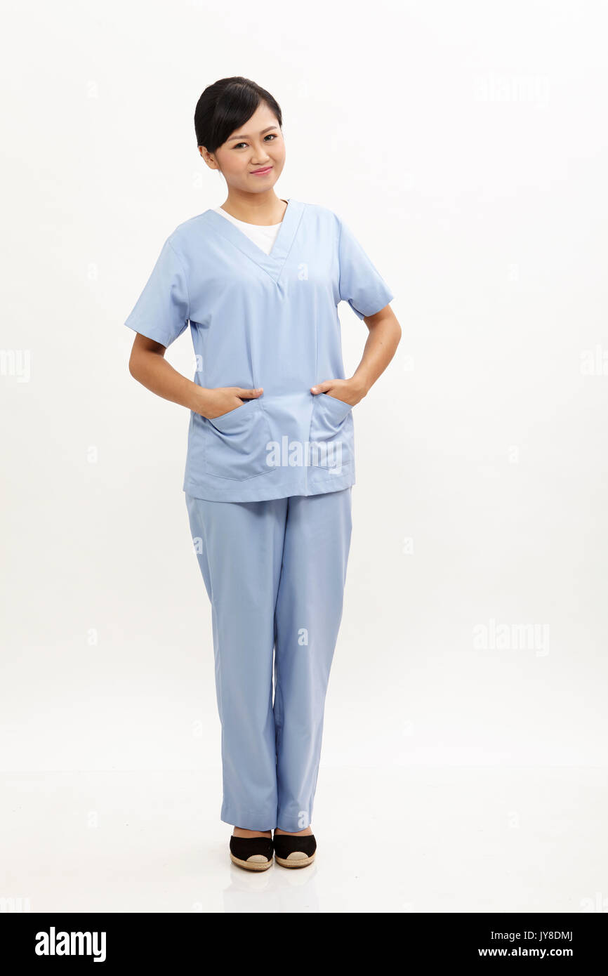 female nurse with blue uniform on the white background Stock Photo - Alamy