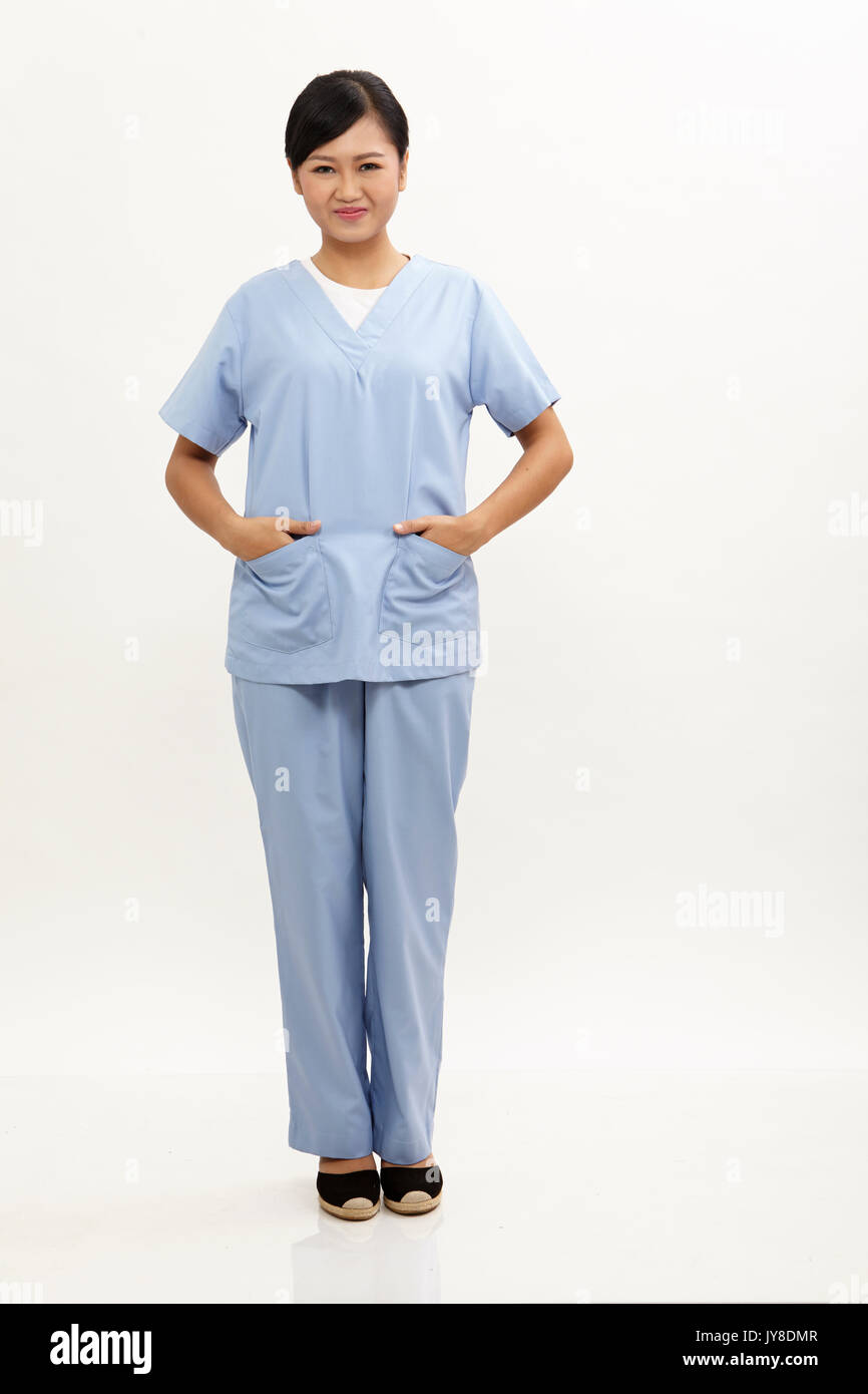 female nurse with blue uniform on the white background Stock Photo - Alamy