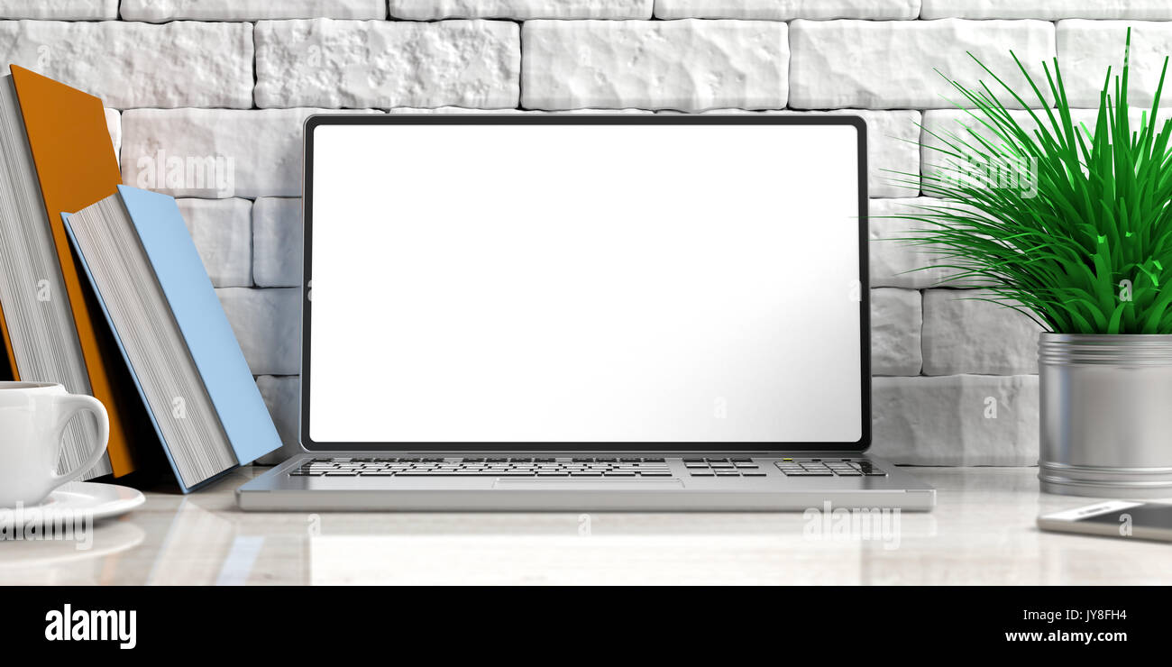 Laptop with blank screen and books on a white desk - bricks wall ...