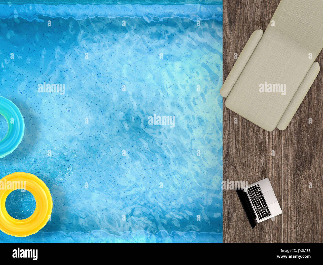 3d rendering pool top view with daybed, laptop and swim rings Stock ...