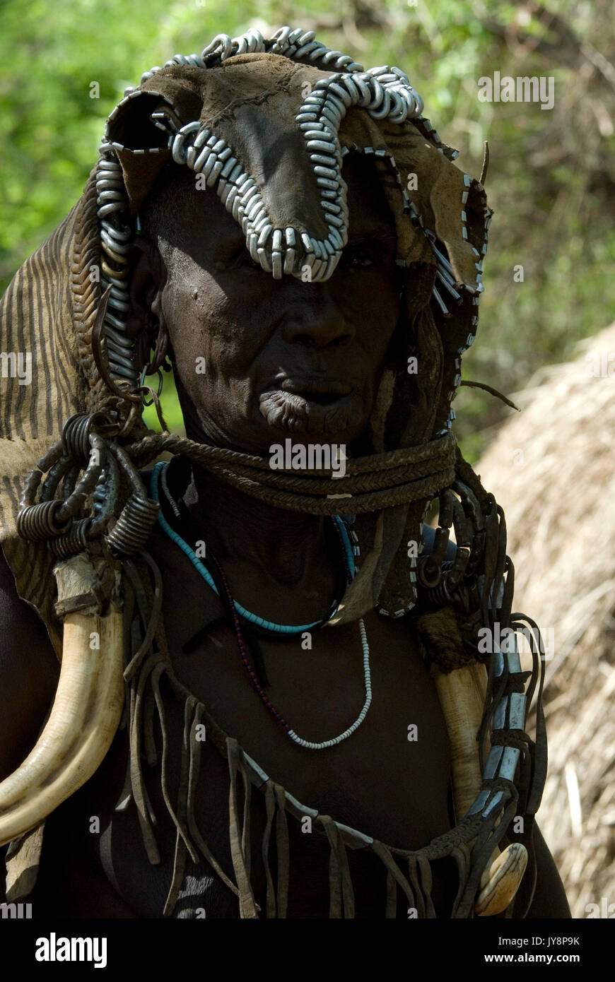 Old Woman, with headgear, Mursi Tribe, Mago National Park, Lower Omo ...