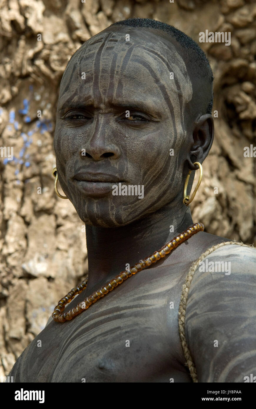 Young Man with face painted, Mursi Tribe, Mago National Park, Lower Omo ...