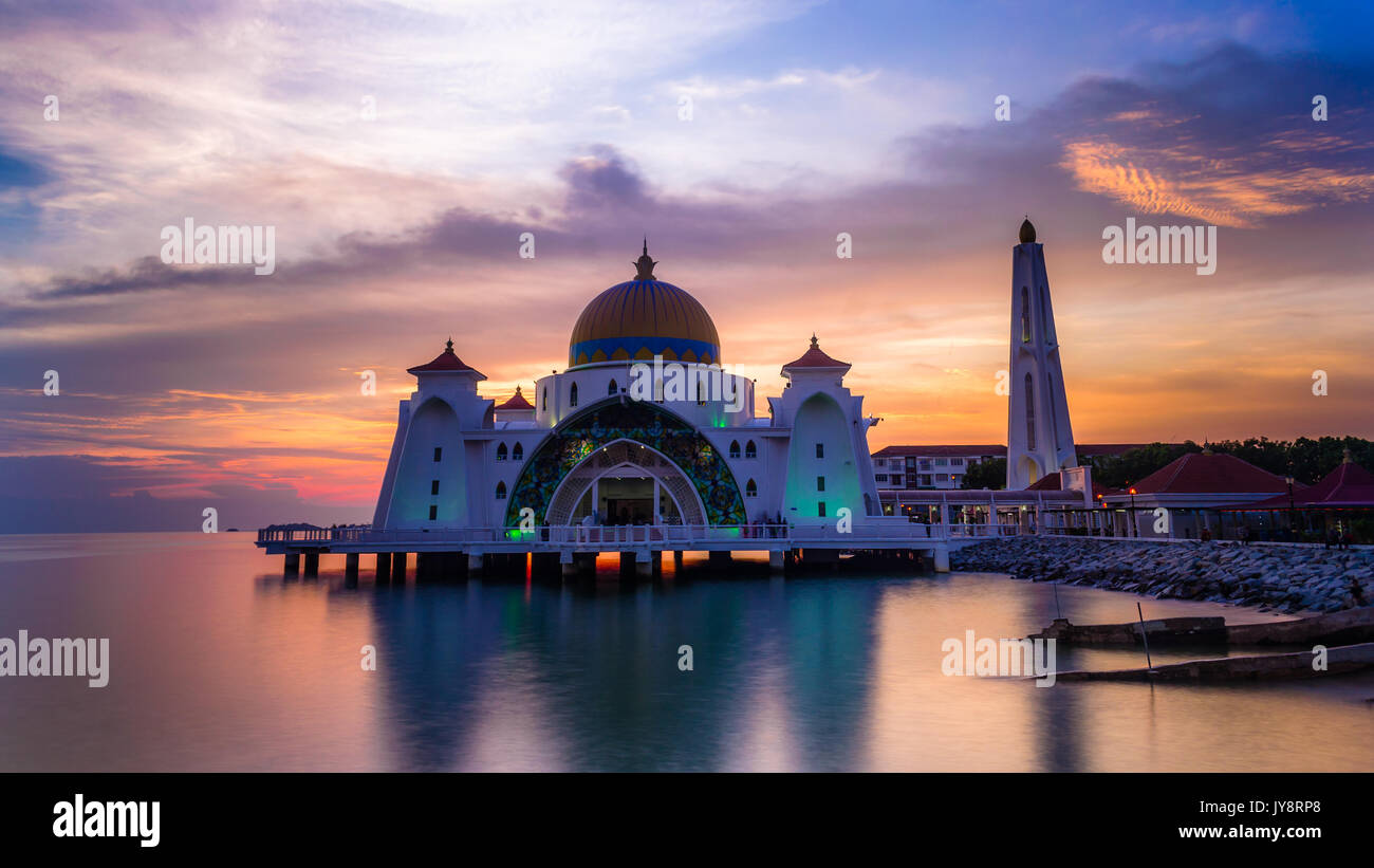 Malacca Straits Mosque, Malaysia with Dramatic Sky Background Stock ...
