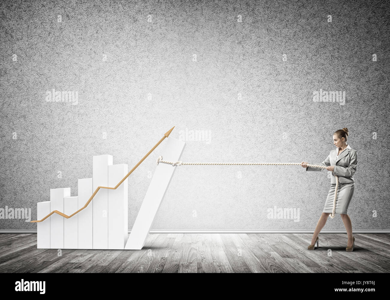 Businesswoman pulling graph with rope as symbol of power and control ...