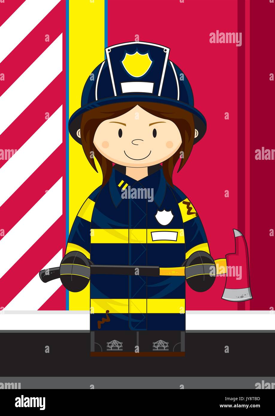 Cute Cartoon Fireman - Firefighter with Axe Vector Illustration Stock ...