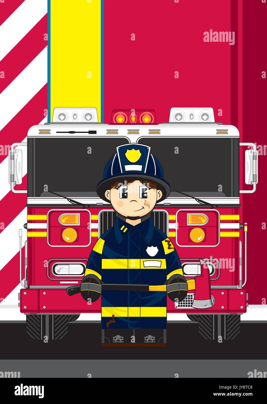 Cute Cartoon Fireman - Firefighter with Fire Engine Vector Illustration ...