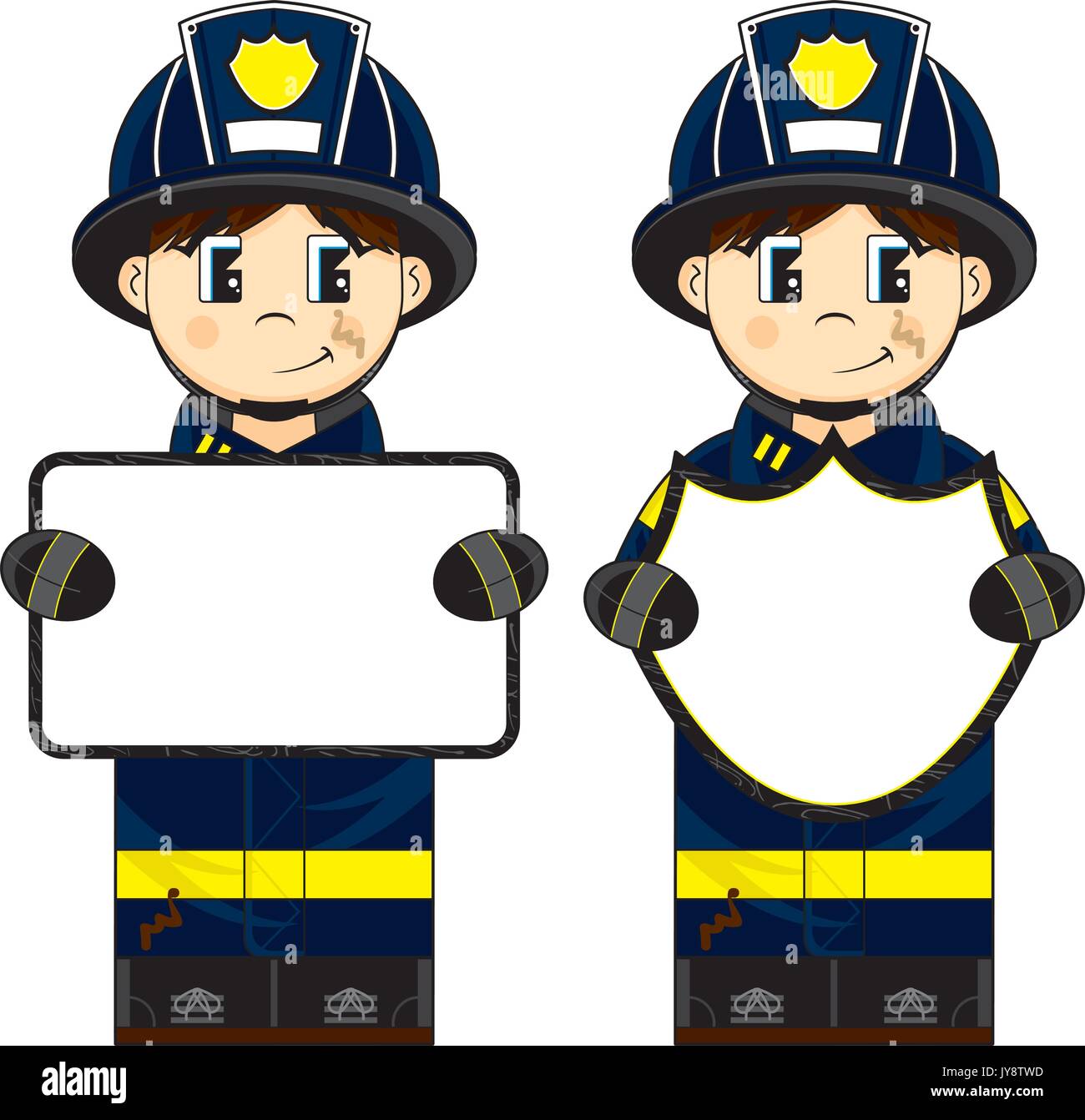 Cute Cartoon Fireman - Firefighter with Sign Vector Illustration Stock ...
