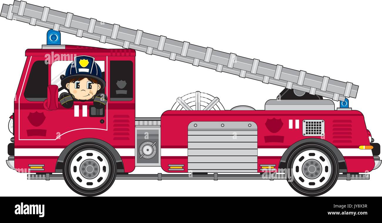 Cute Cartoon Fireman - Firefighter with Fire Engine Vector Illustration ...