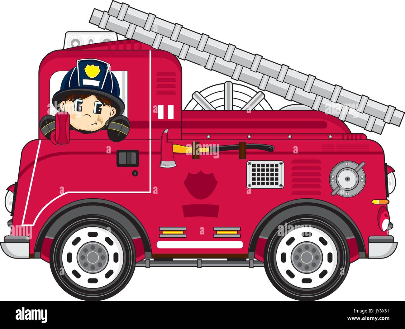Cute Cartoon Fireman - Firefighter with Fire Engine Vector Illustration ...