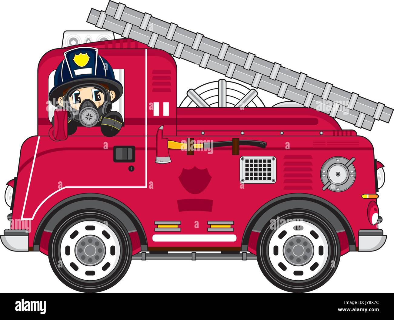 Cute Cartoon Fireman - Firefighter in Respirator with Fire Engine ...