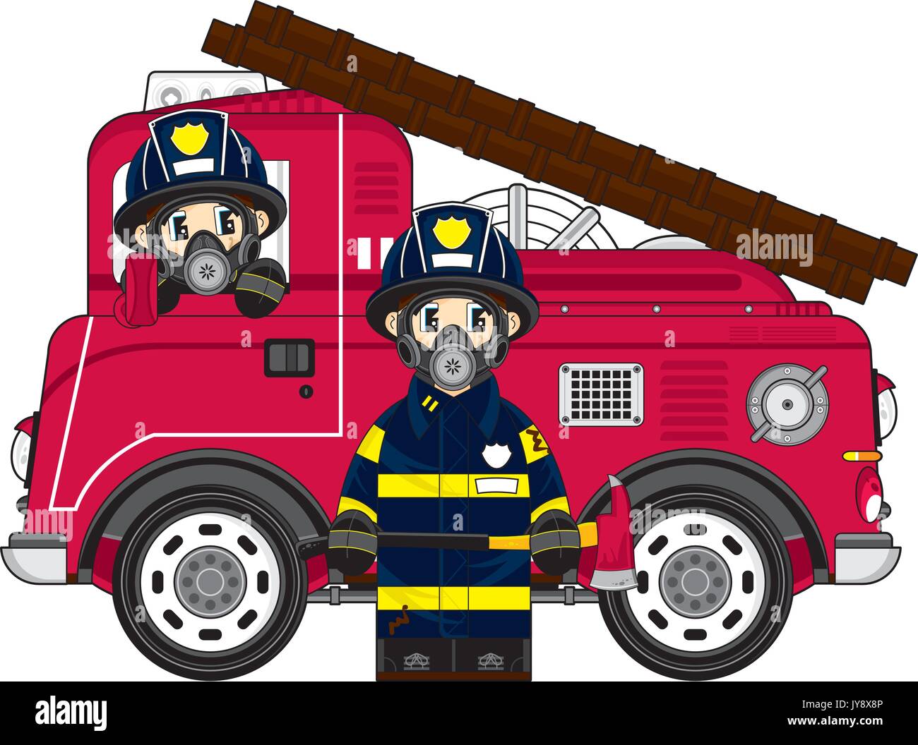 Cute Cartoon Fireman - Firefighter in Respirator with Fire Engine ...