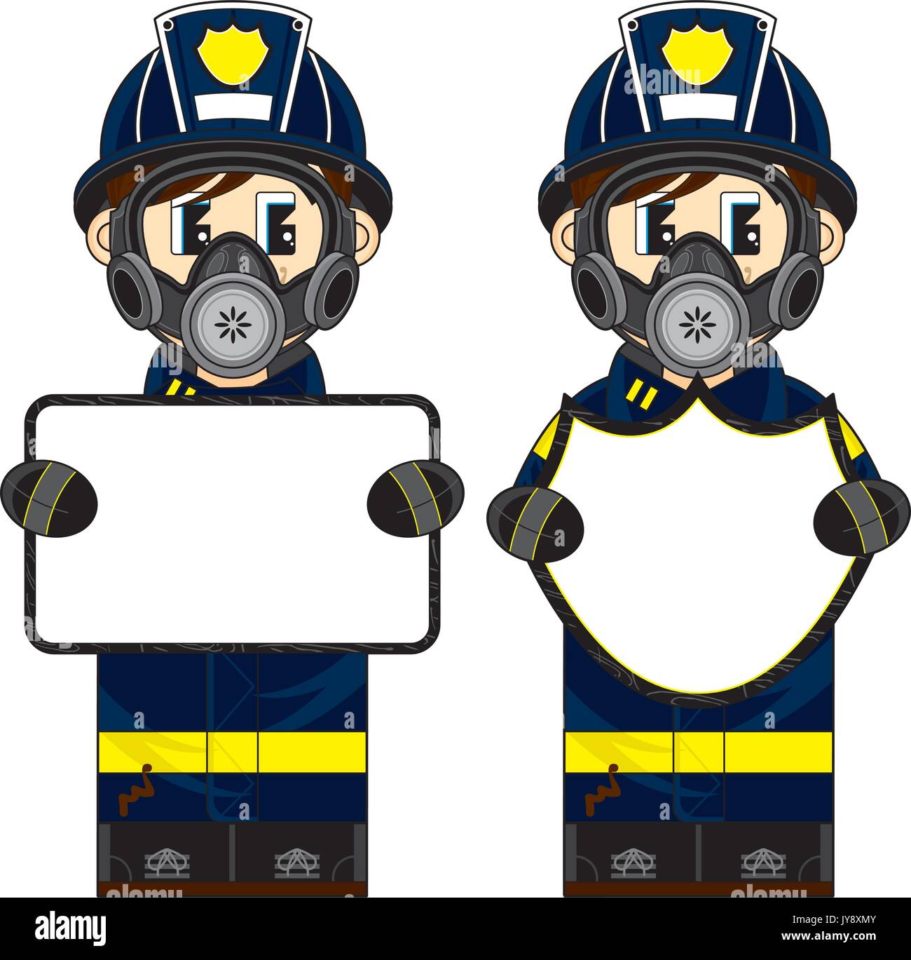 Cute Cartoon Fireman - Firefighter in Respirator Mask with Sign Vector ...