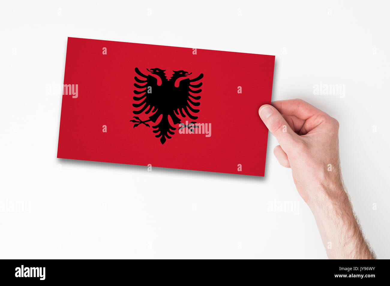 Male hand holding albania flag Stock Photo - Alamy