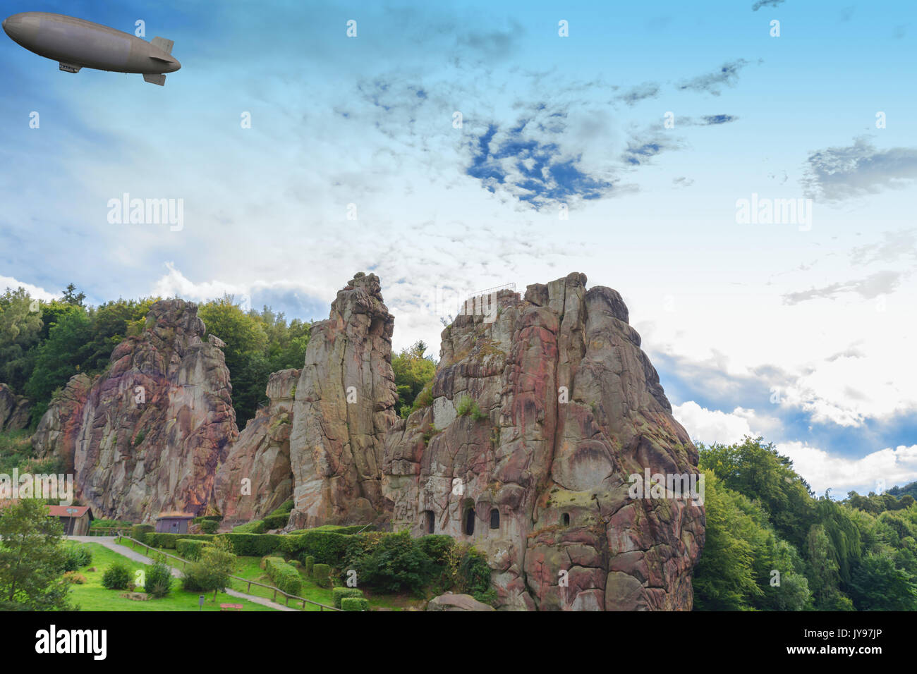 Airship, zeppelin flying over the Externsteine, taking photo taken in ...