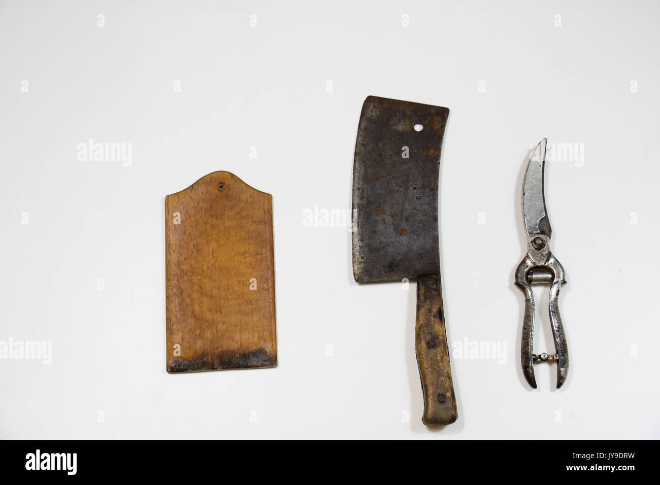 Old chopper and board, tools for butcher, white background Stock Photo ...