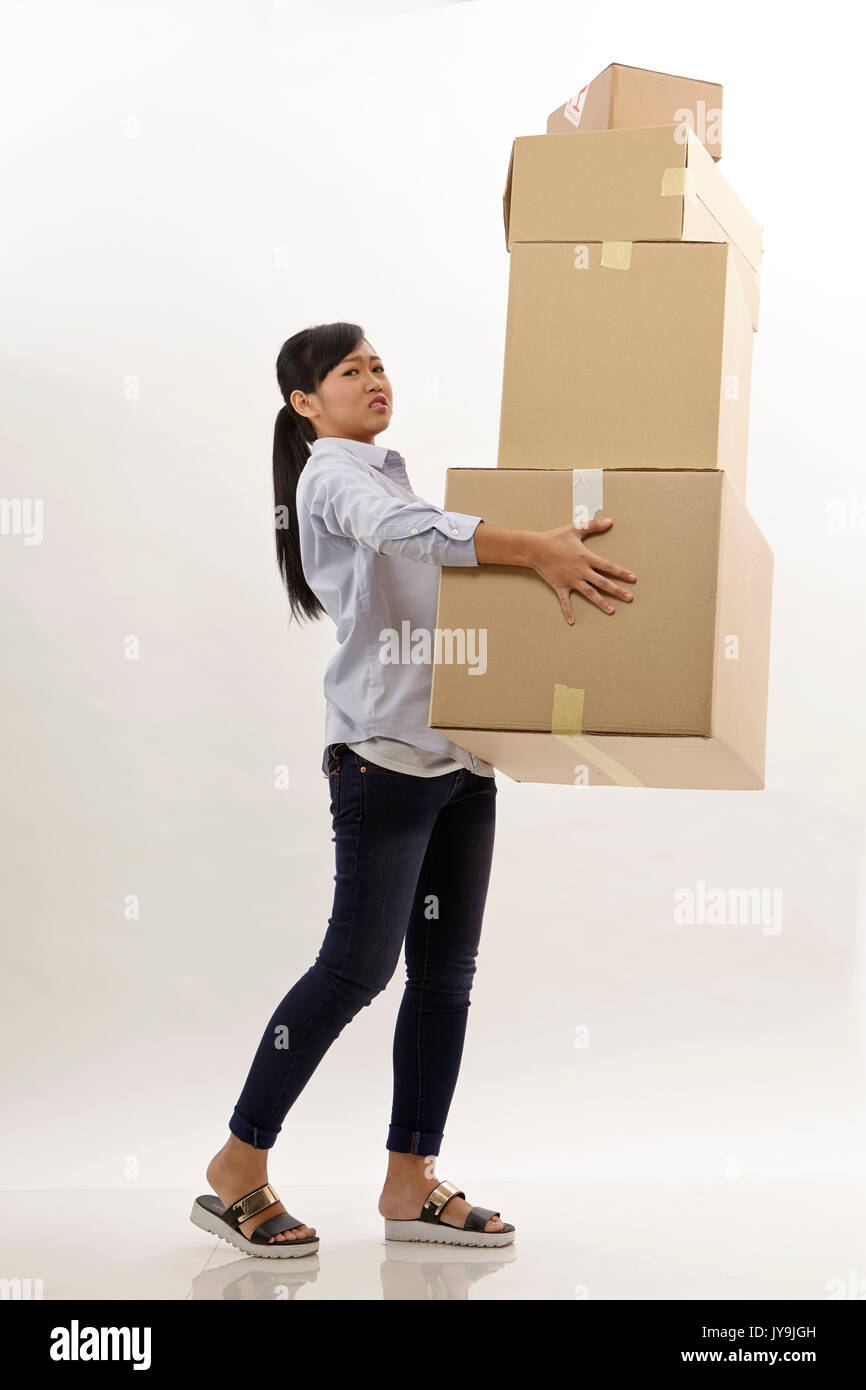 asian woman carrying stack of boxes Stock Photo - Alamy