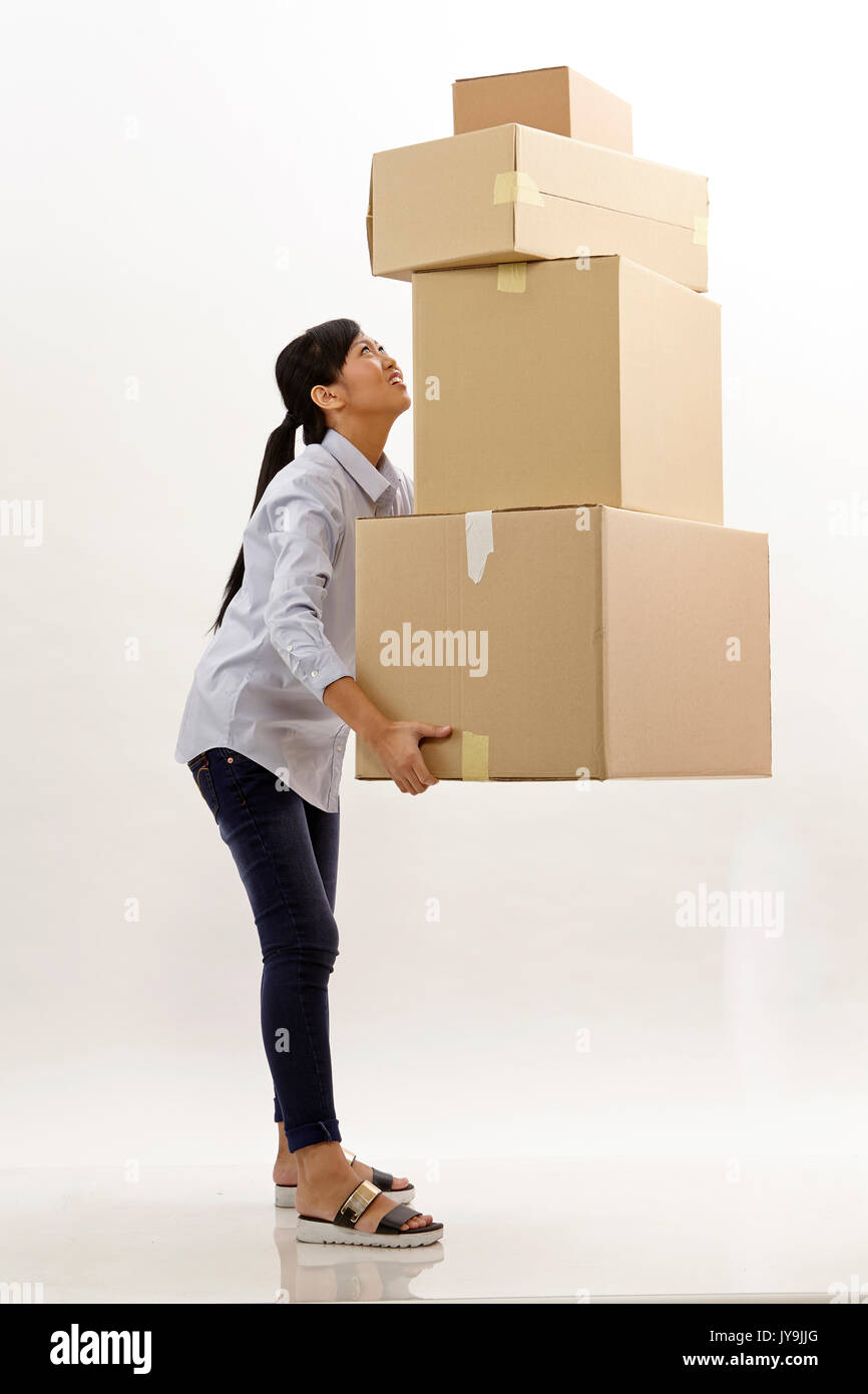 asian woman carrying stack of boxes Stock Photo - Alamy