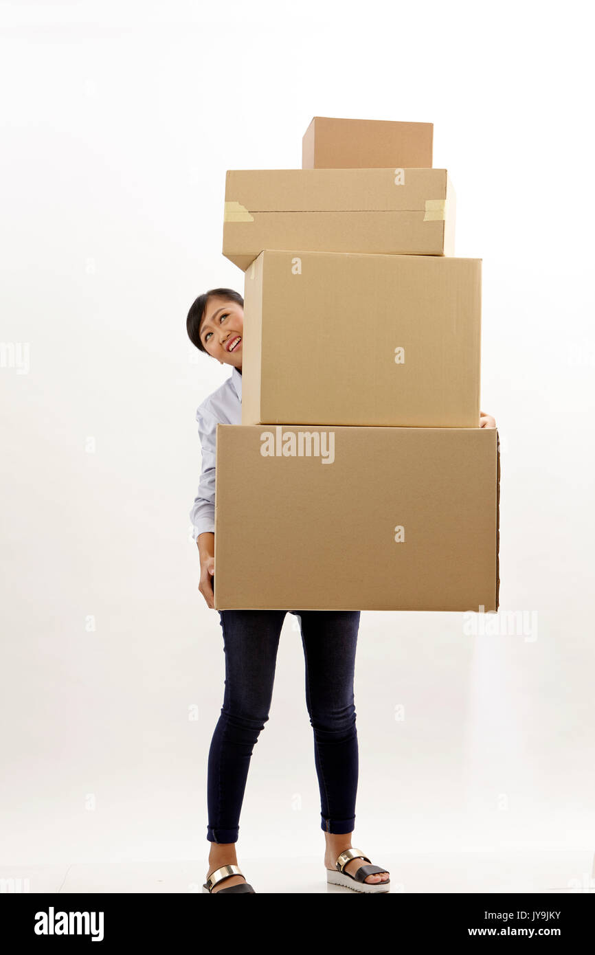 asian woman carrying stack of boxes Stock Photo - Alamy