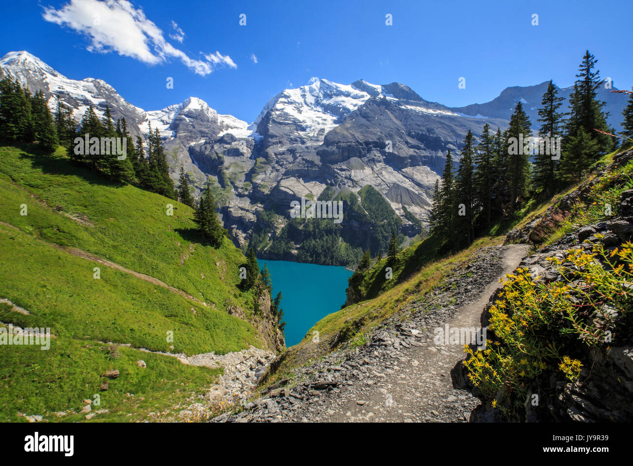 Summer view of Lake Oeschinensee Bernese Oberland Kandersteg Canton of ...