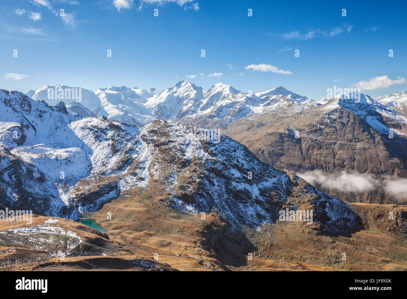Pools of blue water in the landscape of Languard Valley Engadine Canton ...