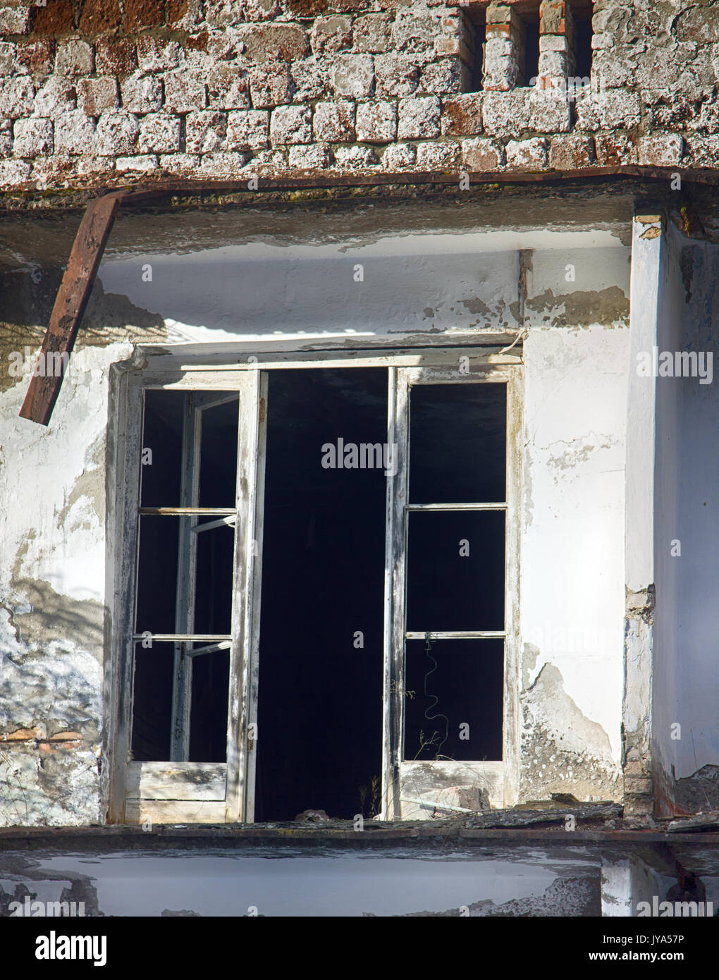 balcony ruins of a Ghost town in Asian mountains. Houses apartments ...