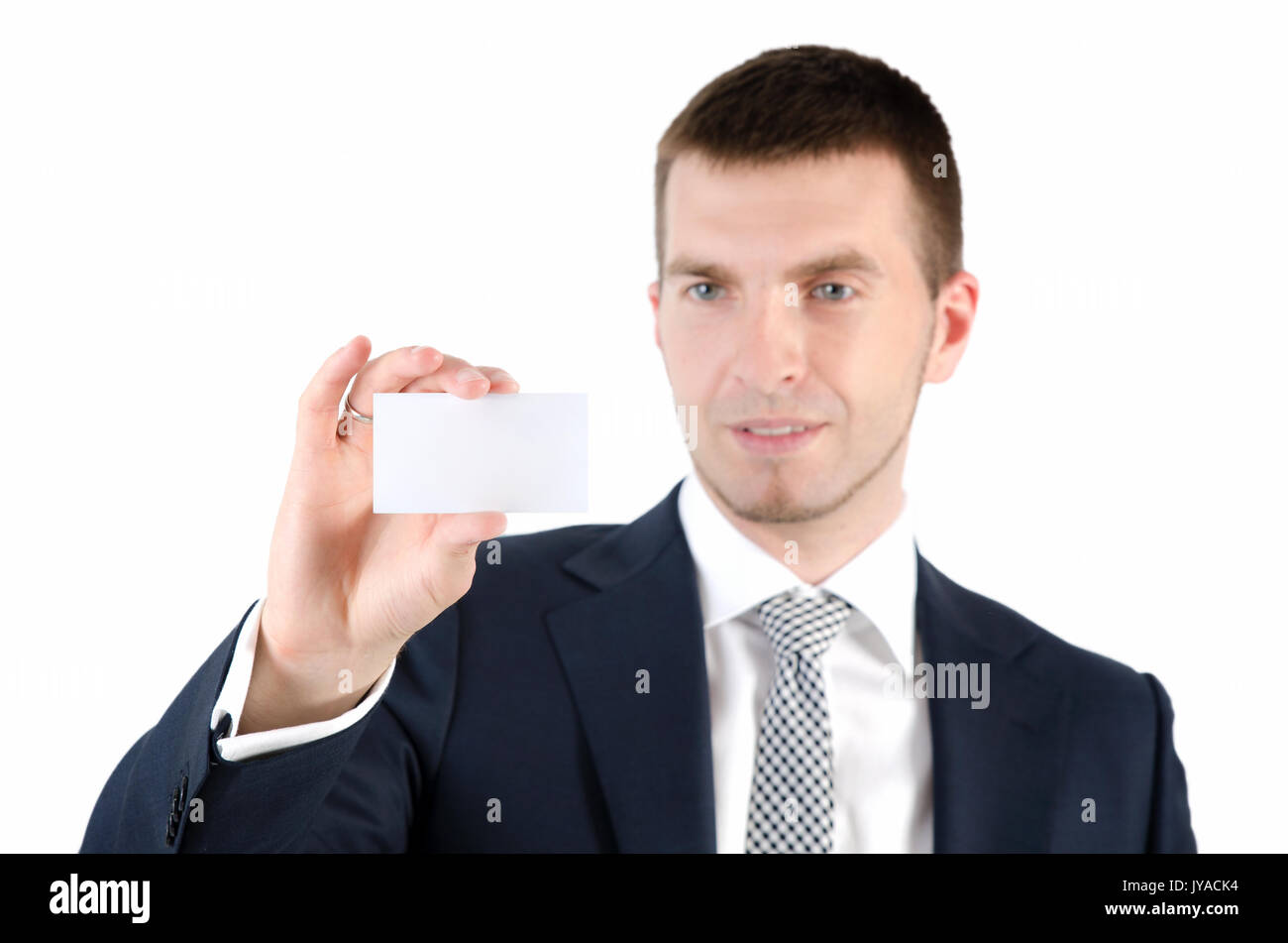 Man holding white business card on white background. business card ...