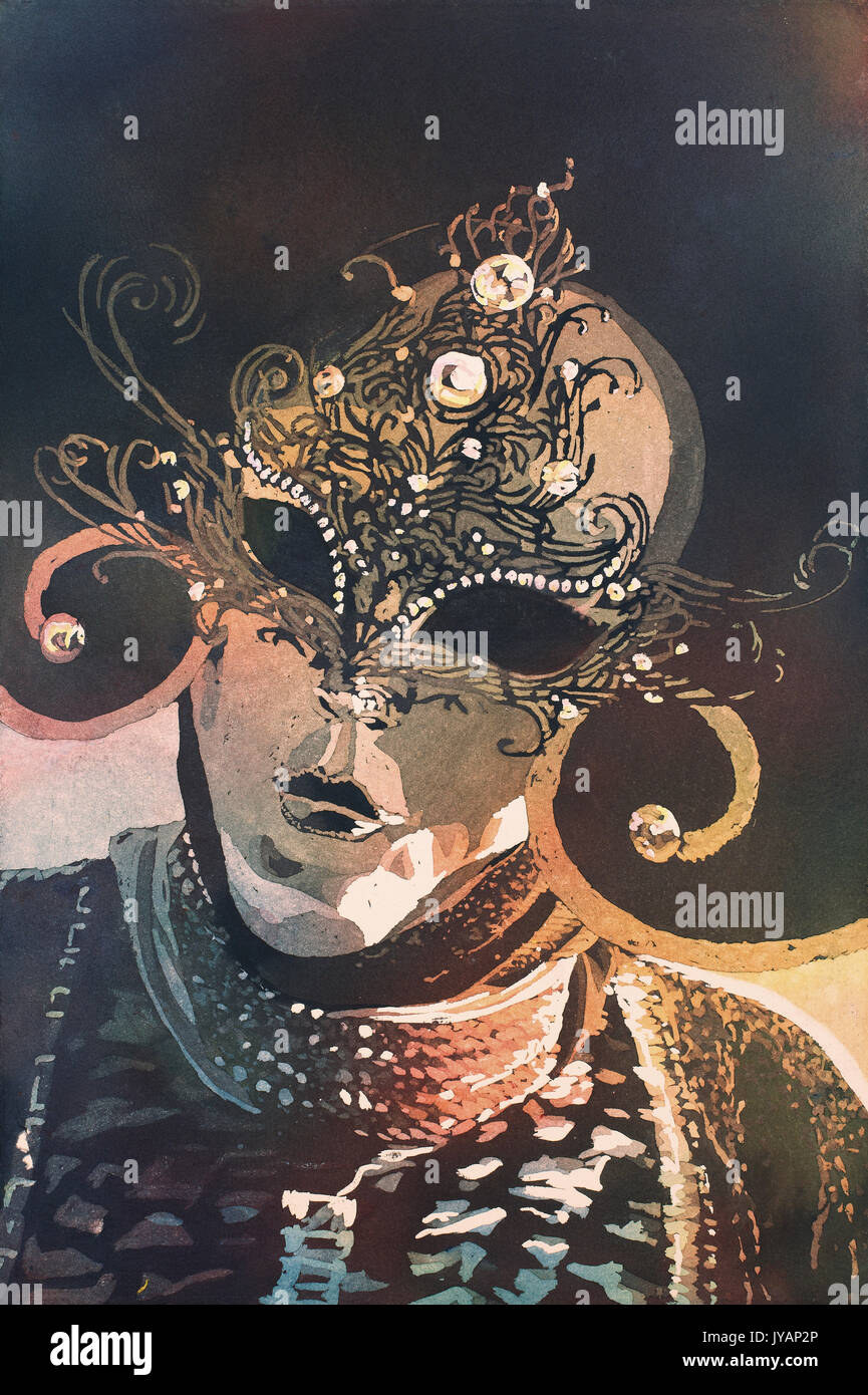 Fine art watercolor painting of elaborately dressed masked person ...