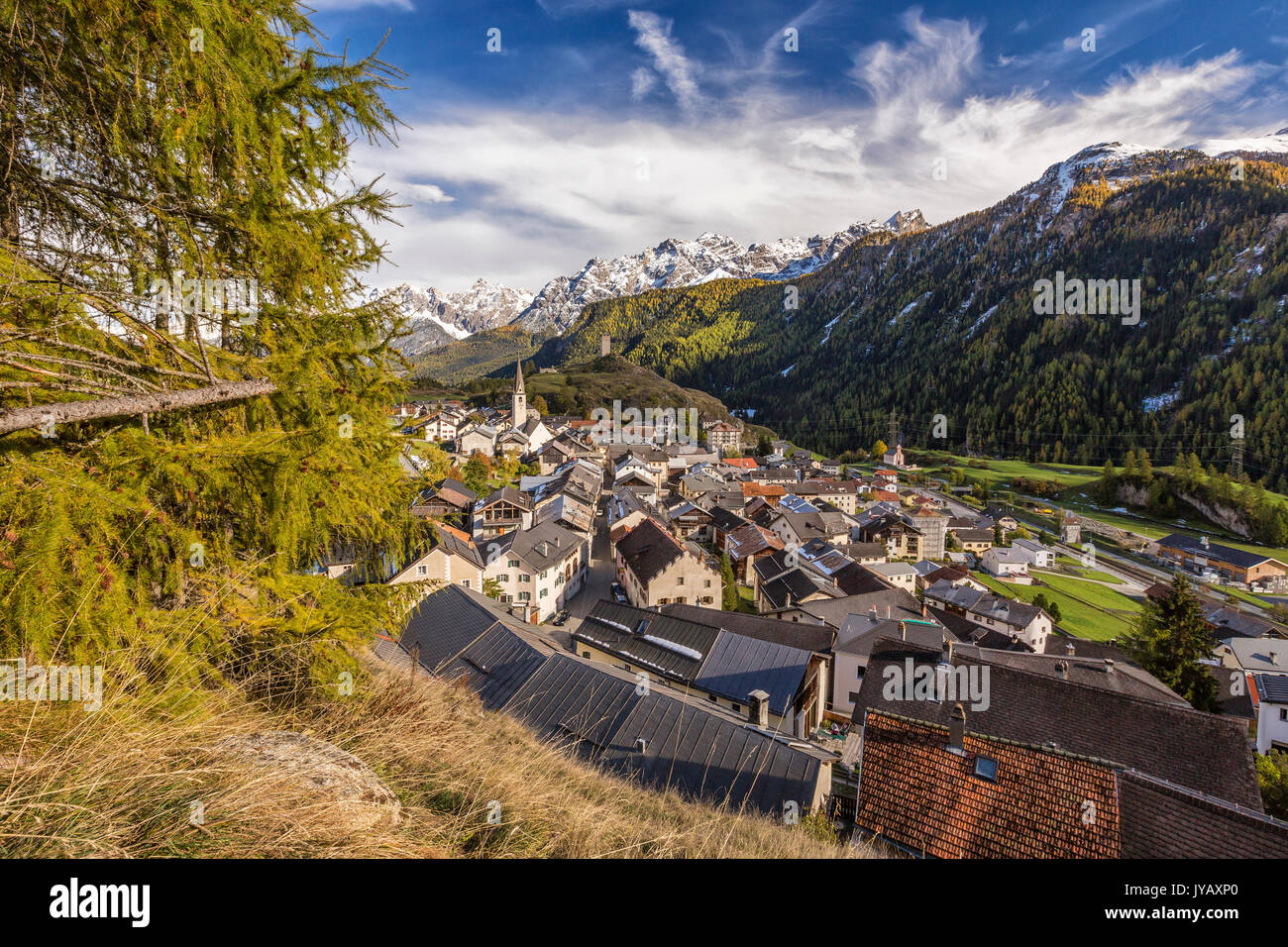 View of Ardez village surrounded by woods and snowy peaks Lower ...