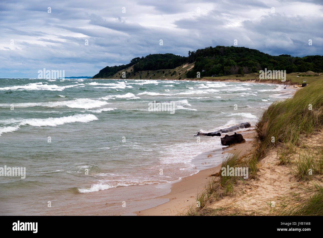 A stormy, blustery mid-August day on the shore of Lake Michigan near ...