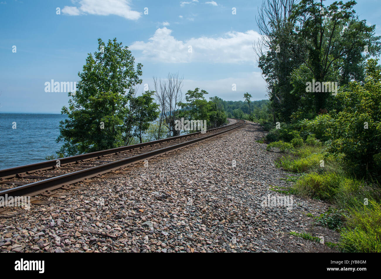 Railroad tracks on the edge of Lake Champlain with trees and crushed ...