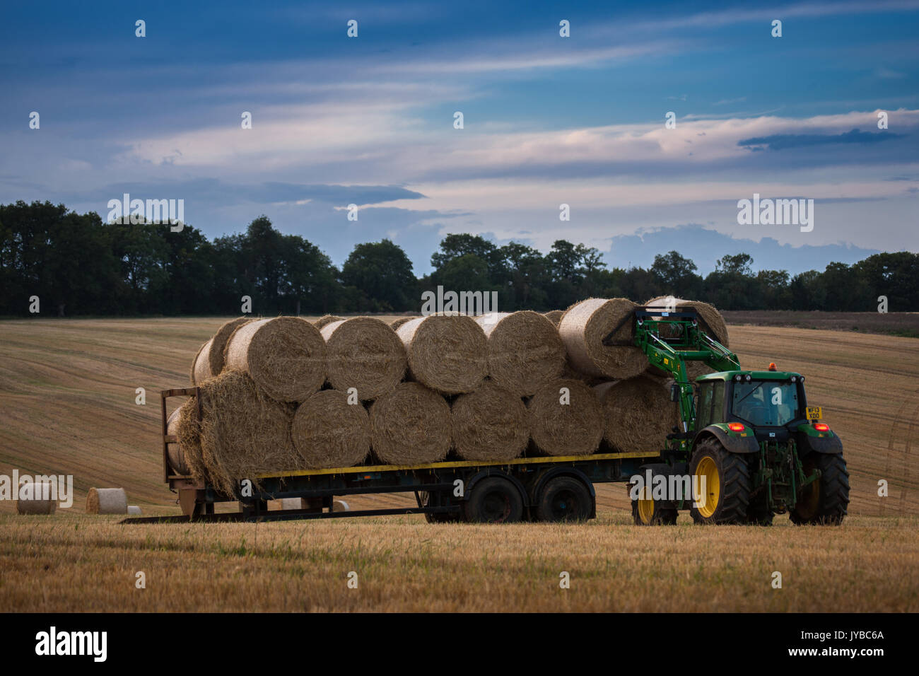 Tractor loading round straw bales, Hertfordshire Stock Photo - Alamy