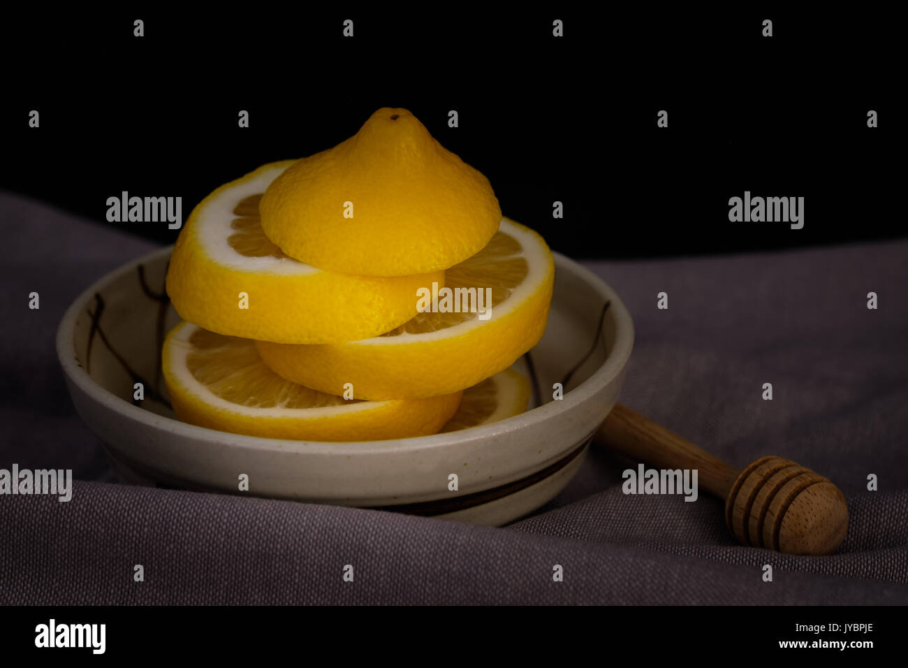 Still life with lemons on black background, Choose focal point, dark ...