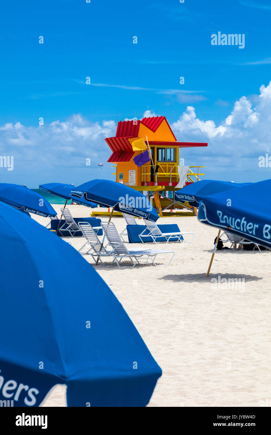 Colorful Lifeguard Stations on the beach in Miami Beach Florida Stock ...