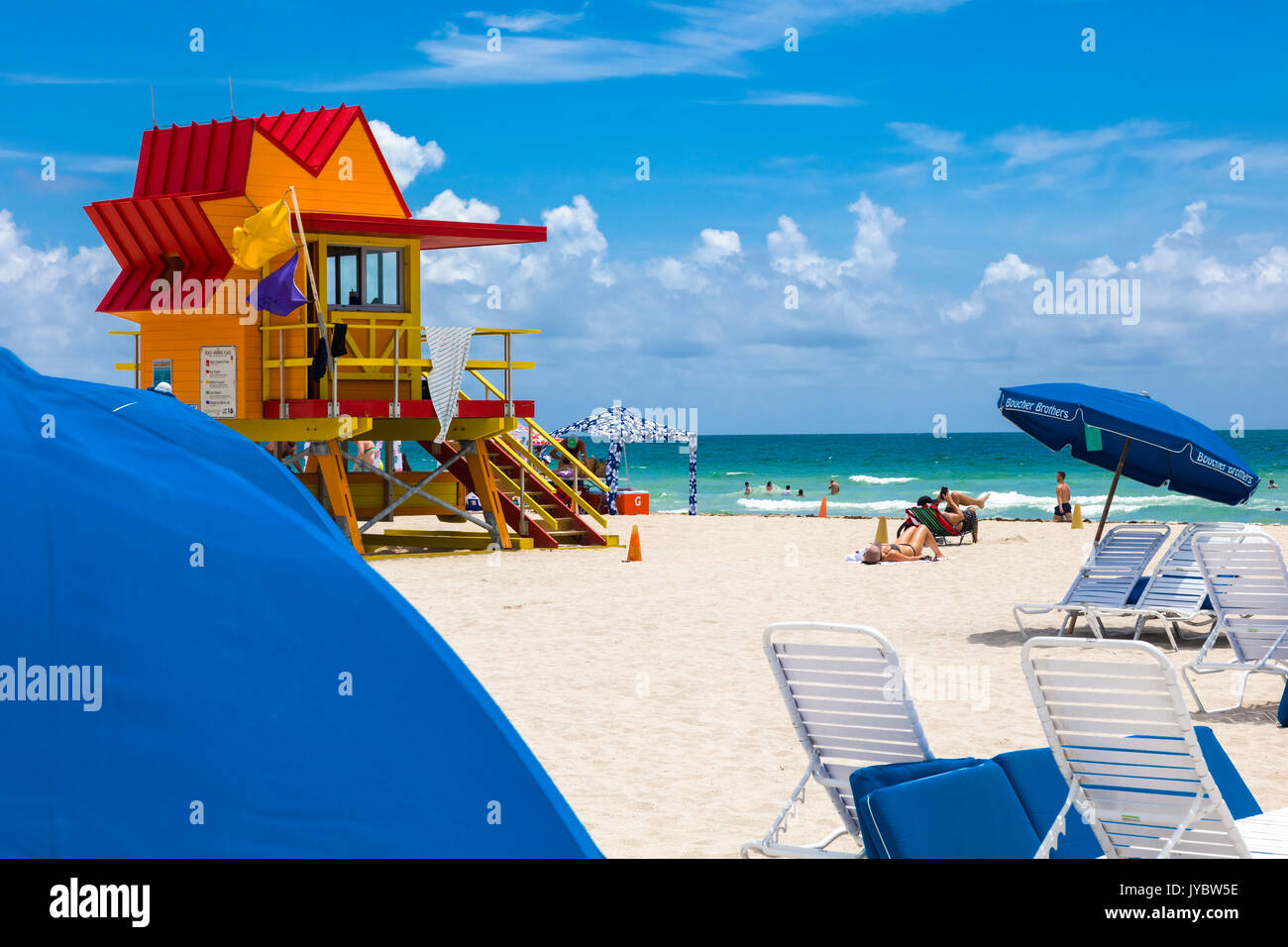 Colorful Lifeguard Stations on the beach in Miami Beach Florida Stock ...