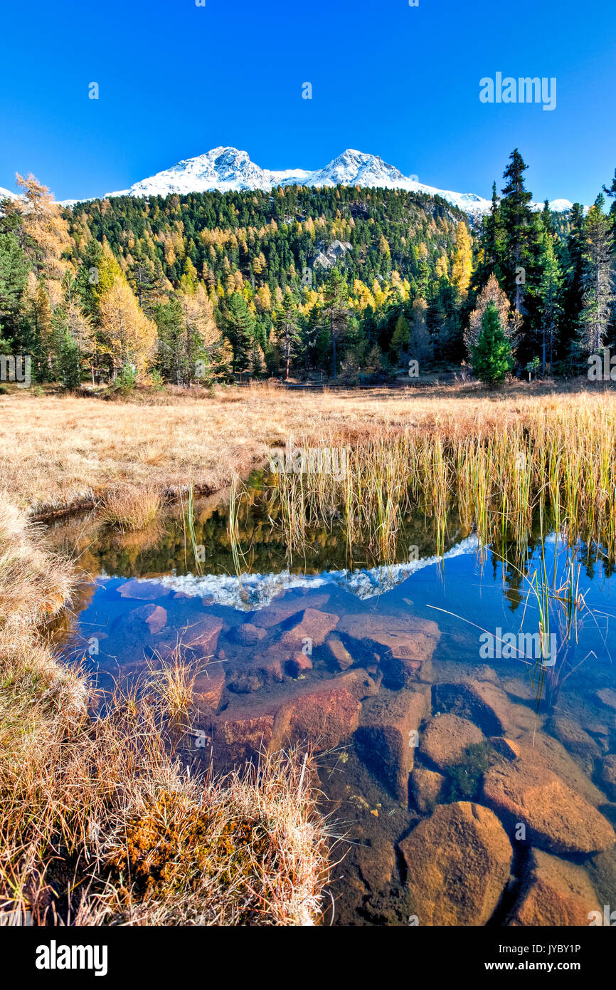 Peak of San Gian and peak of Surlej are reflected in the clear waters ...