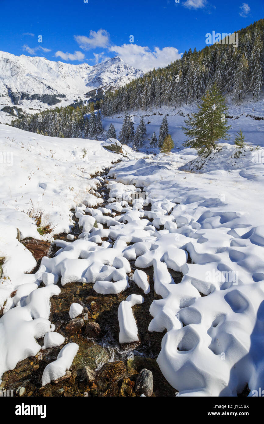 Aerial view of the snowy woods and high peaks Vamlera Febbraro Valley ...