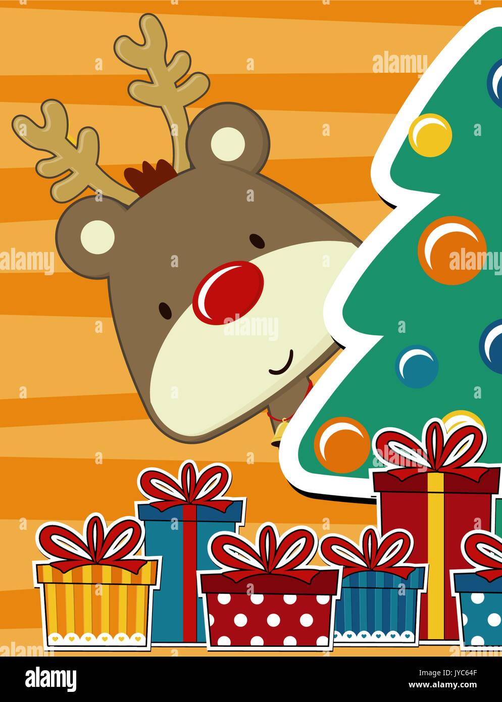 vector image for christmas card with baby rudolph, gift boxes and tand ...