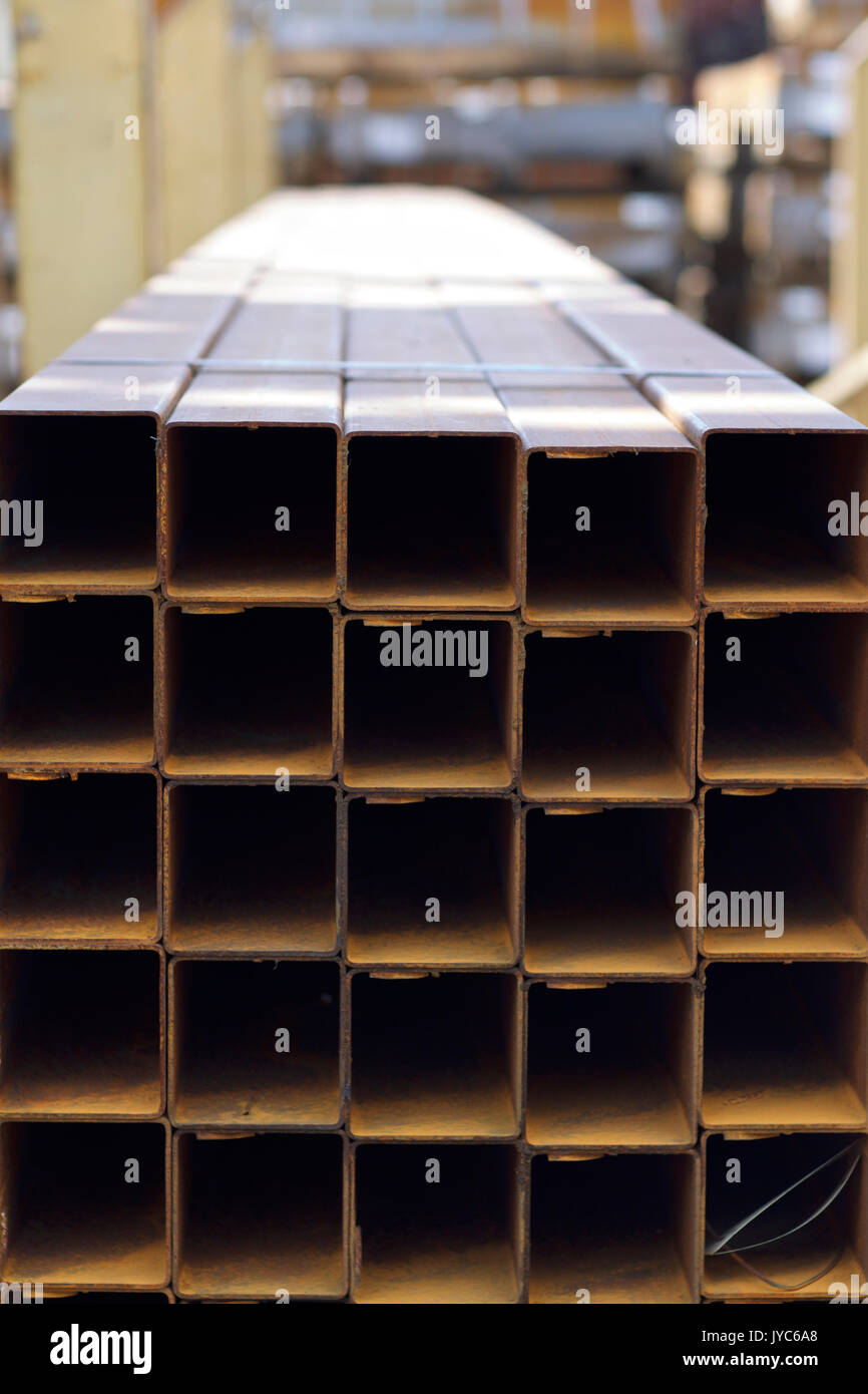 Metal profile pipe of rectangular cross section in packs at the ...