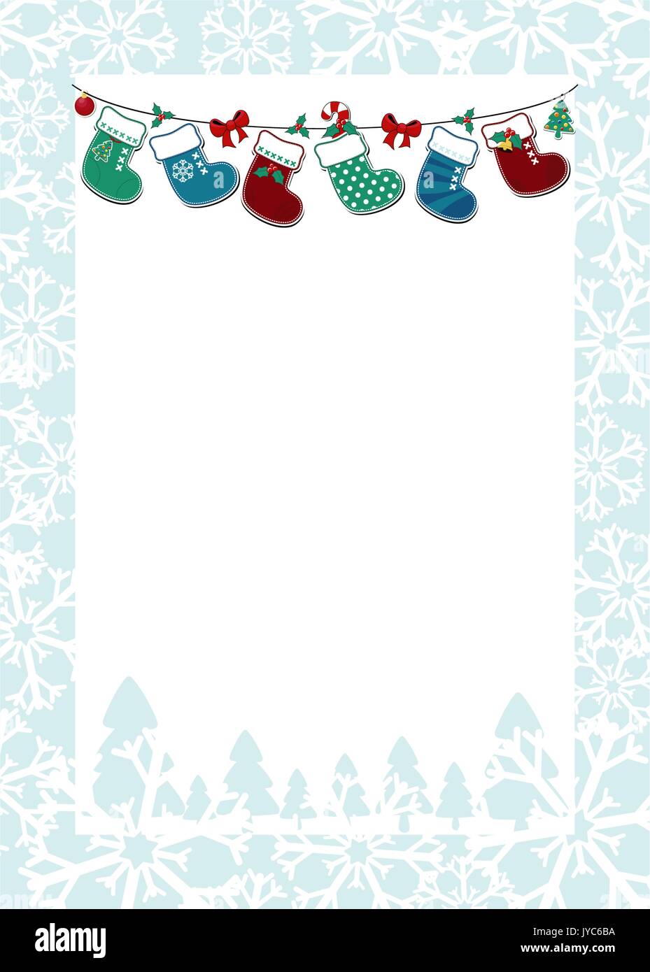christmas frame with hanging socks and white background for your ...