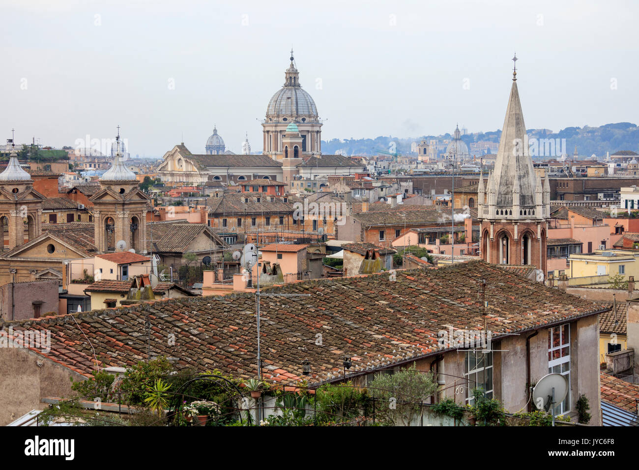 The city view from the Pincian Hill with the typical houses and ancient ...