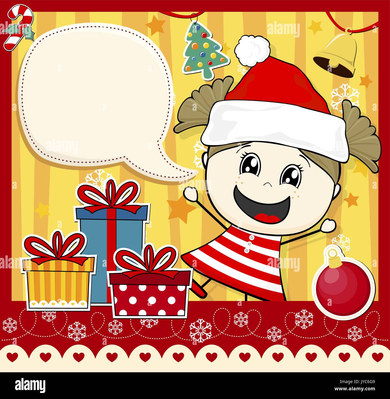 cute little girl with dialog bubble text and gift boxes christmas ...