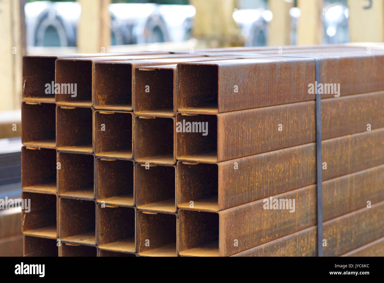 Metal profile pipe of rectangular cross section in packs at the ...