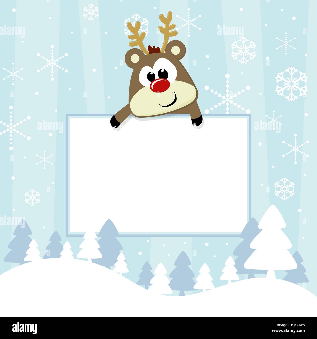 baby rudolph with blank signboard on winter snowflakes background Stock ...