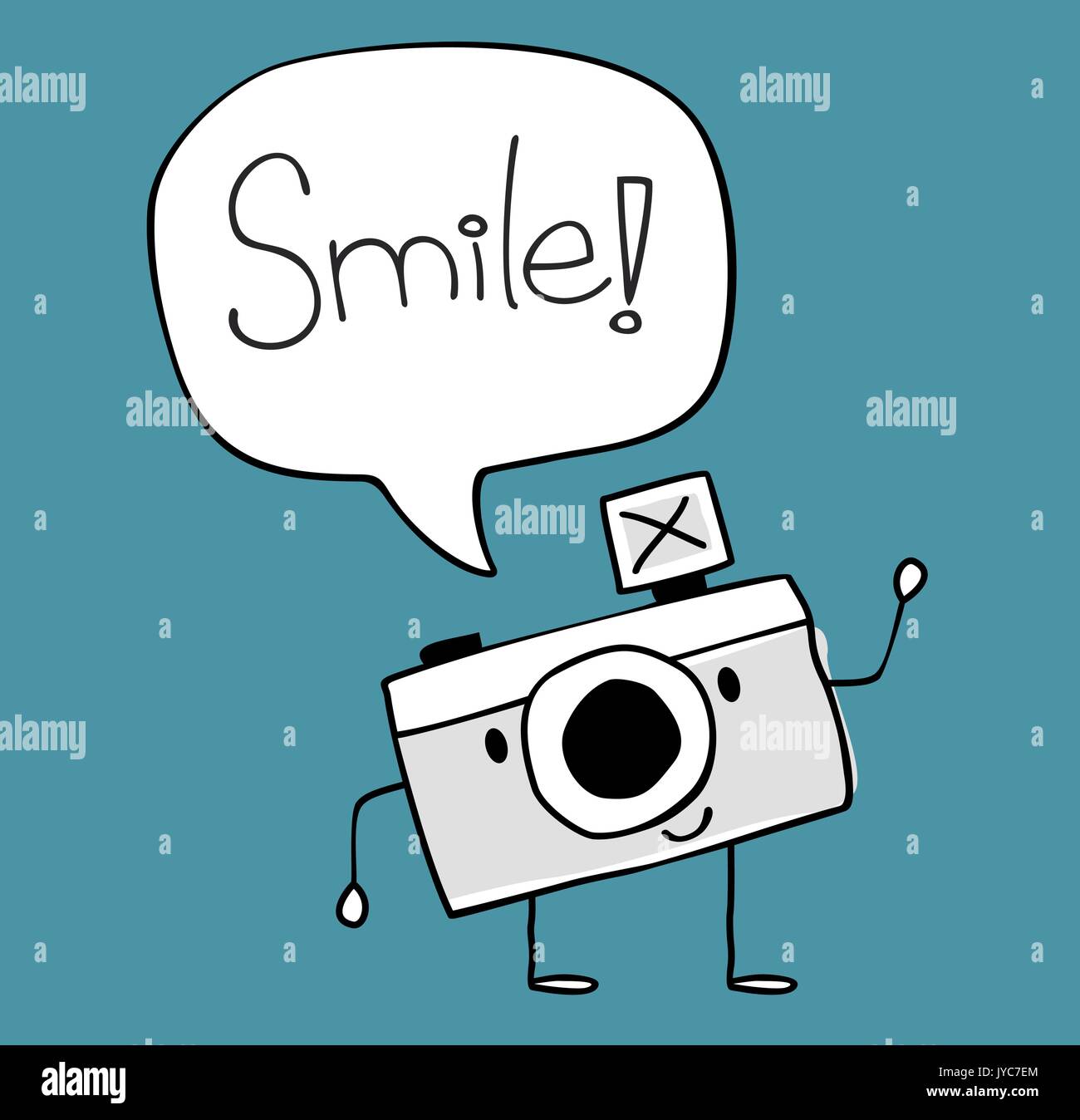 happy funny camera with smile text balloon, legs and arms hand drawn on ...