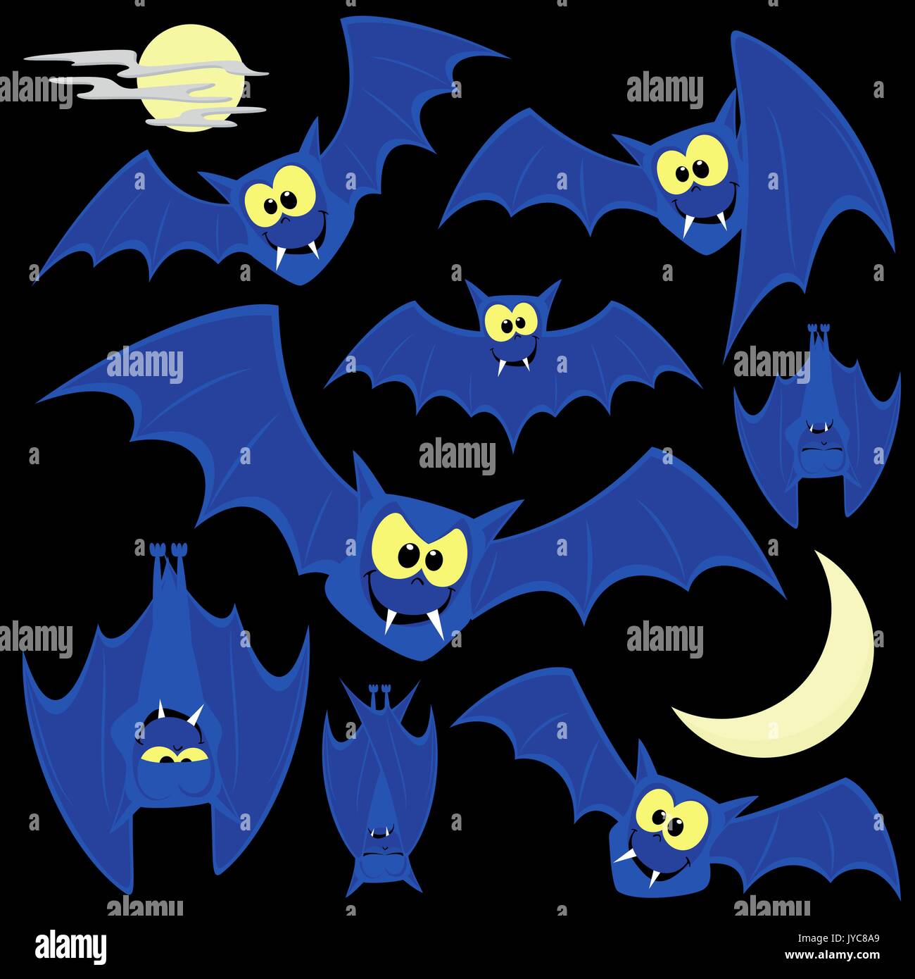 funny bats cartoon for halloween designs isolated on black background ...