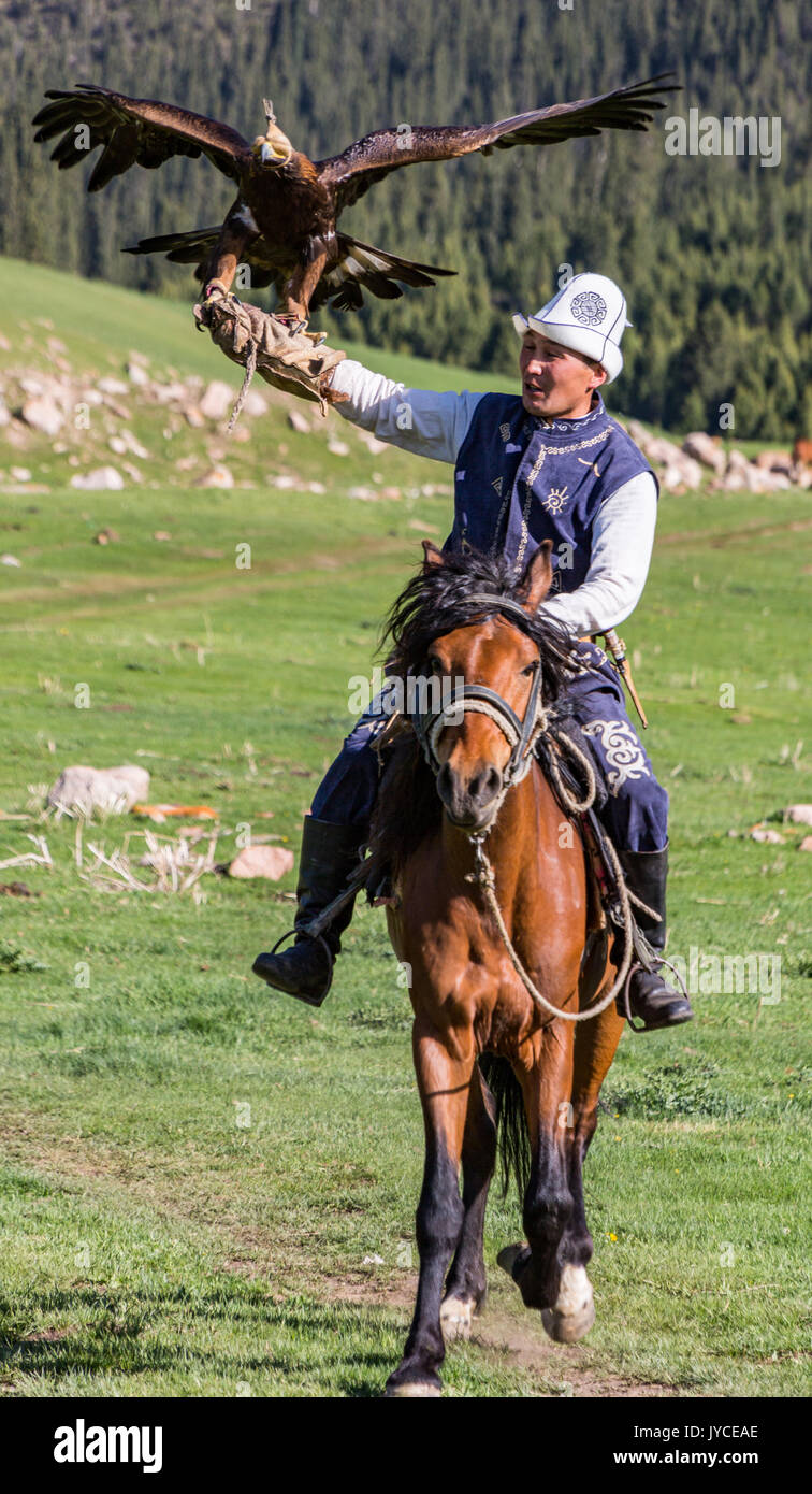 Eagle Hunter holds his eagles on horseback, ready to take flight in ...